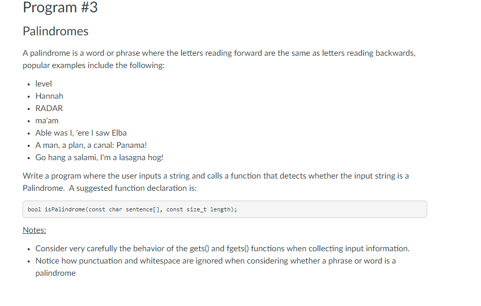 Solved Program #3 - ﻿PLEASE, WRITE IN CODE BY CPalindromesA | Chegg.com