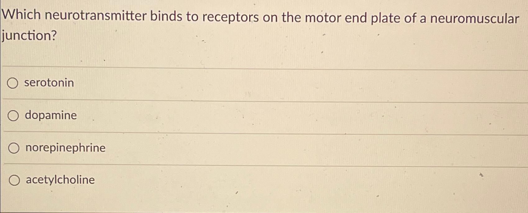 Solved Which neurotransmitter binds to receptors on the | Chegg.com