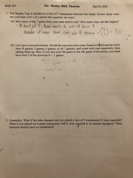 Solved Math 243 The Hockey Stick Theorem Sept 24, 2020 1. | Chegg.com