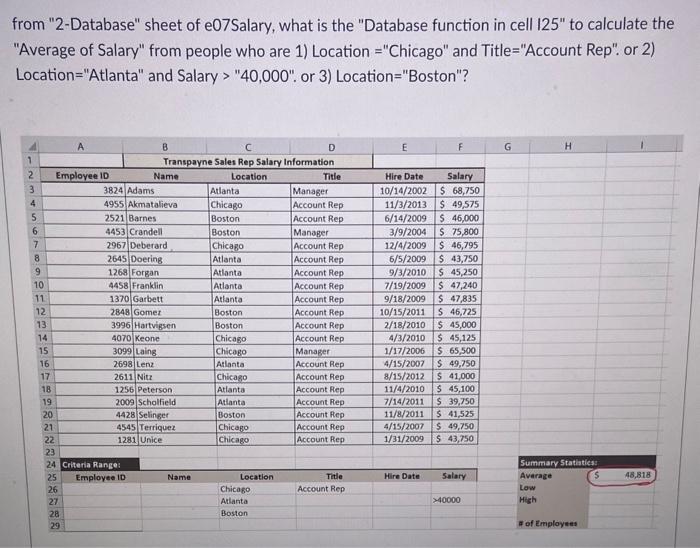 Solved from "2-Database" sheet of e07Salary, what is the | Chegg.com