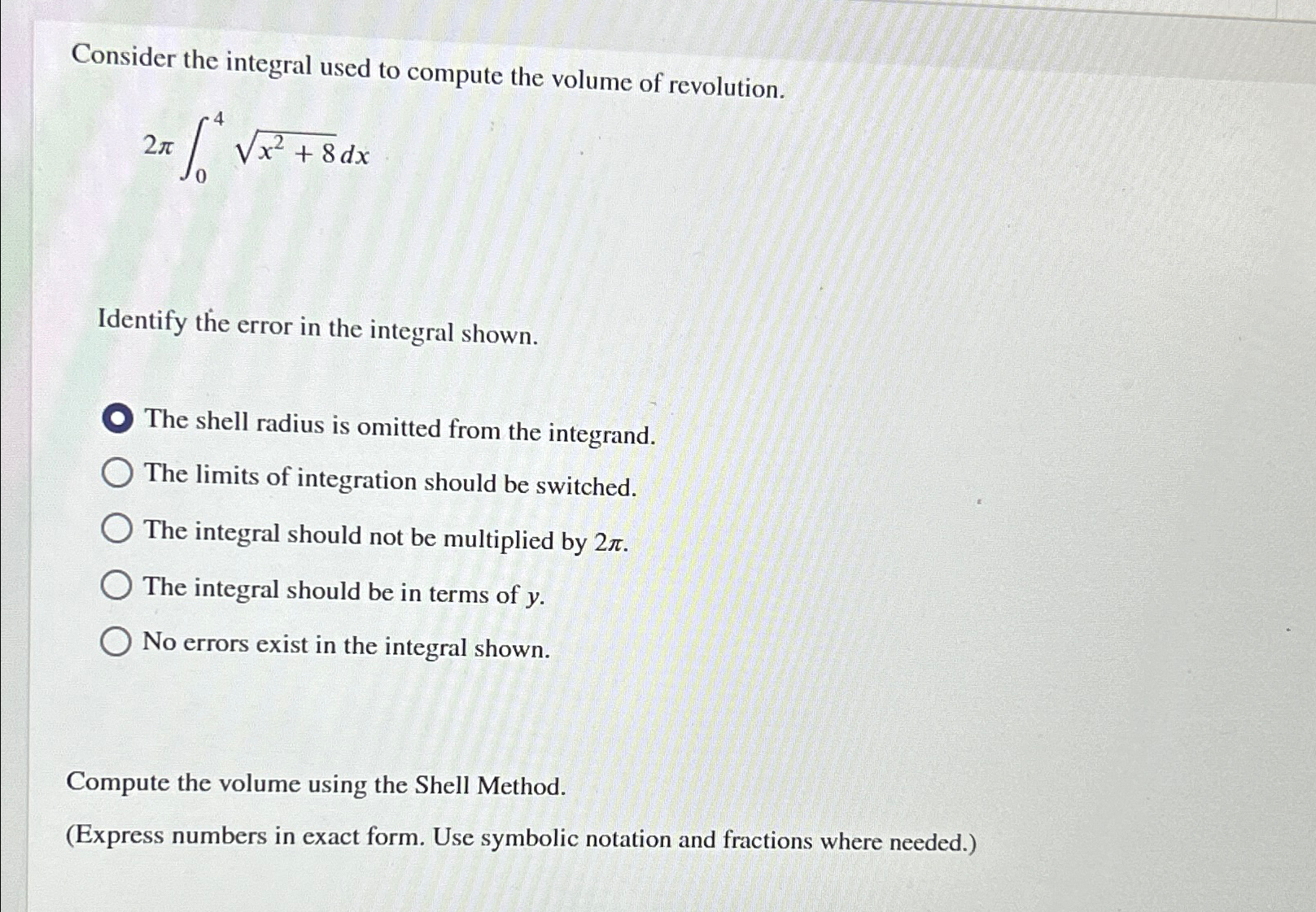 Consider the integral used to compute the volume of | Chegg.com