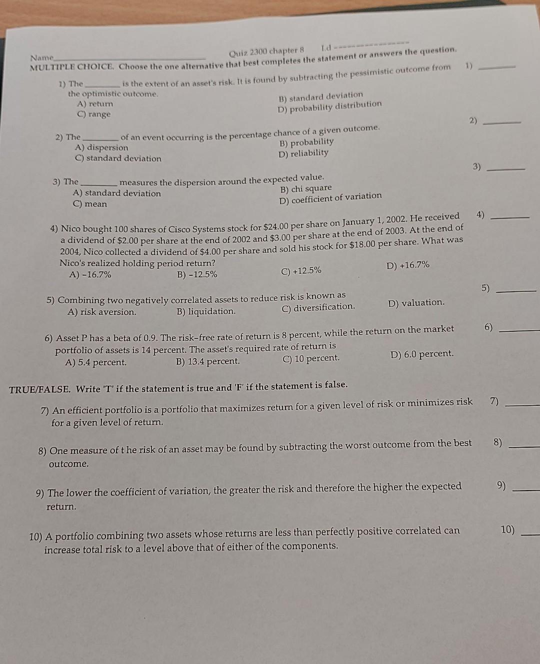 Solved Name Quiz 2300 chapter 8 MULTIPLE CHOICE. Choose the | Chegg.com