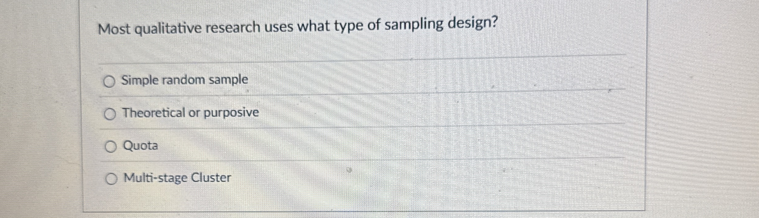 Solved Most qualitative research uses what type of sampling | Chegg.com