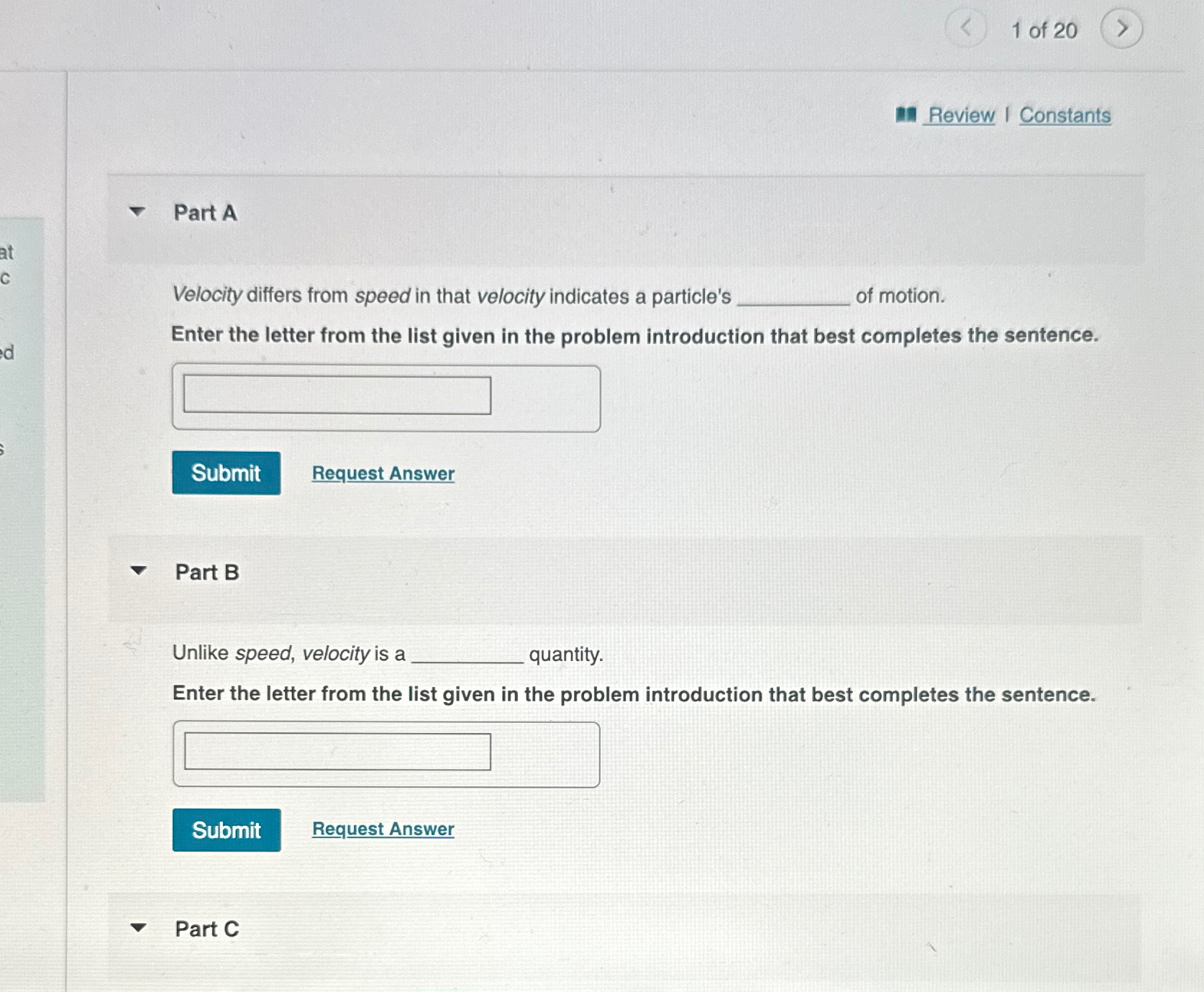Solved 1 ﻿of 20ReviewConstantsPart AVelocity differs from | Chegg.com