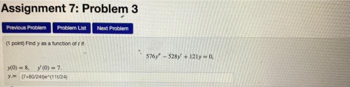 Solved Assignment 7: Problem 3 Previous Problem Problem List | Chegg.com