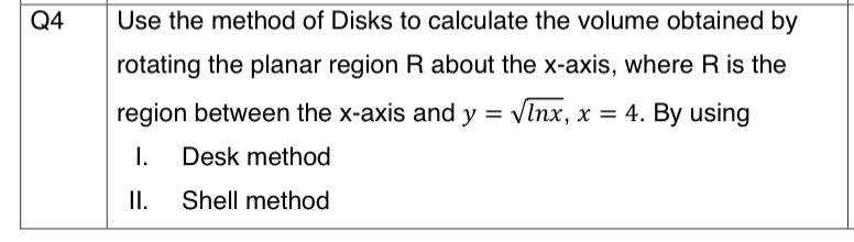 Solved Use the method of Disks to calculate the volume | Chegg.com