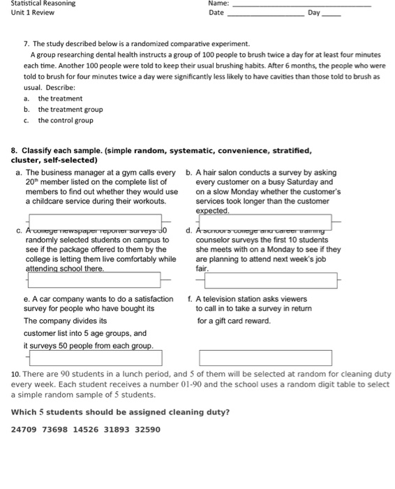 Statistical Reasoning Unit 1 Review Name: Date Day | Chegg.com