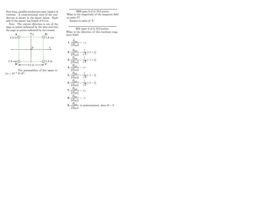 Solved Four long, parallel conductors carry equal 4 A | Chegg.com