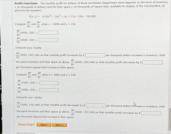 Solved Profit Functions The monthly profit (in dollars) of | Chegg.com