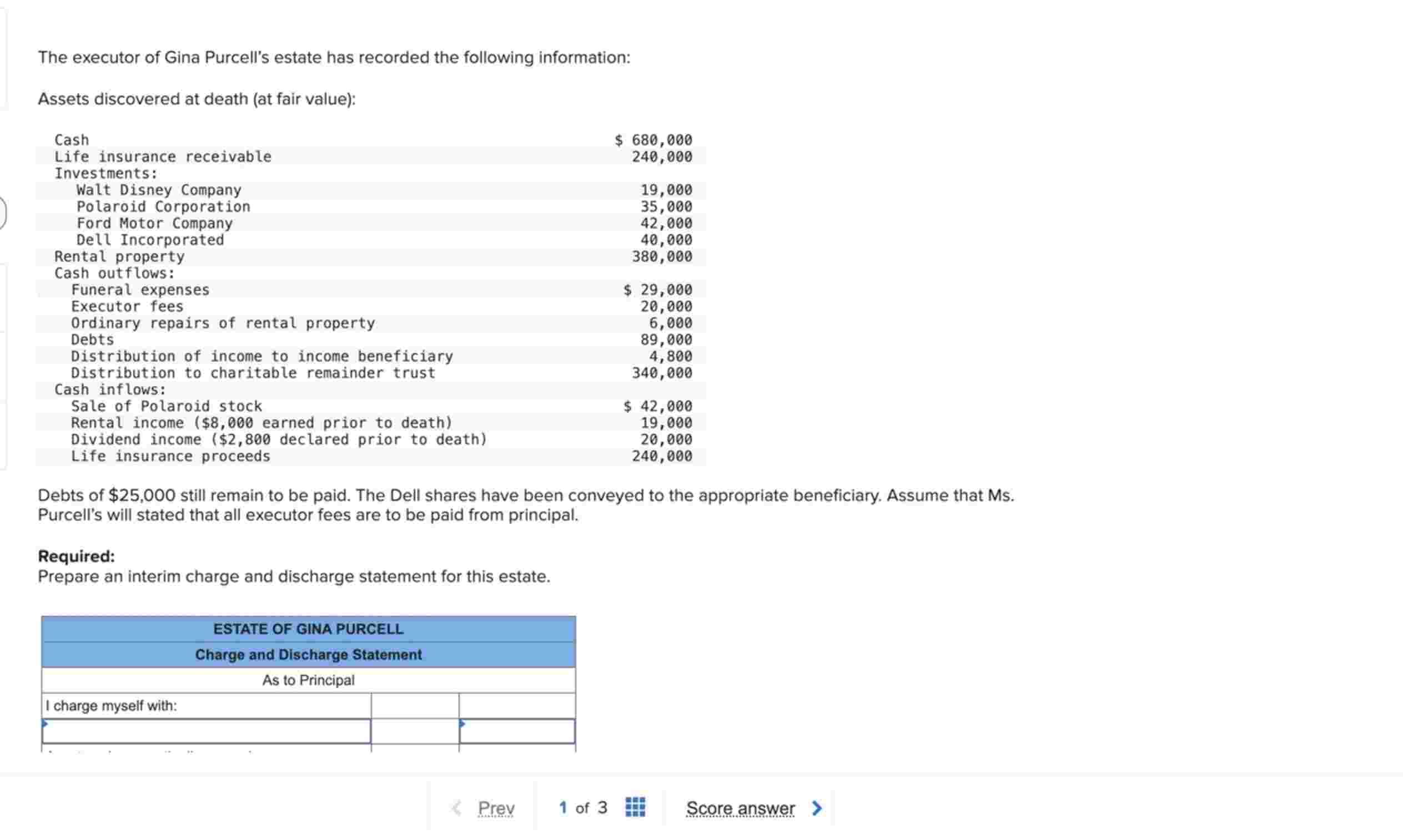 Solved The executor of Gina Purcell’s estate has recorded | Chegg.com