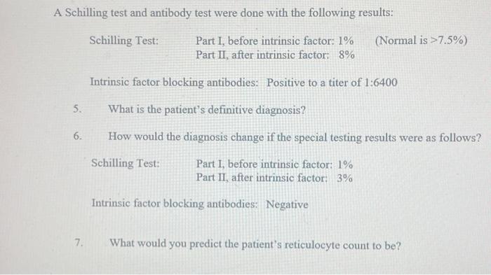 Solved A Schilling test and antibody test were done with the | Chegg.com