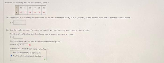 Solved Conslder the following data for two variables, x and | Chegg.com