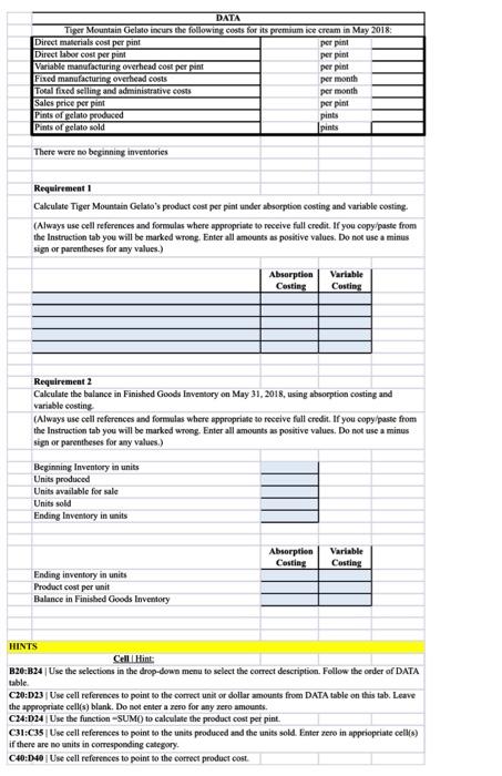 Solved Variable Costing Using Excel for Variable Costing | Chegg.com