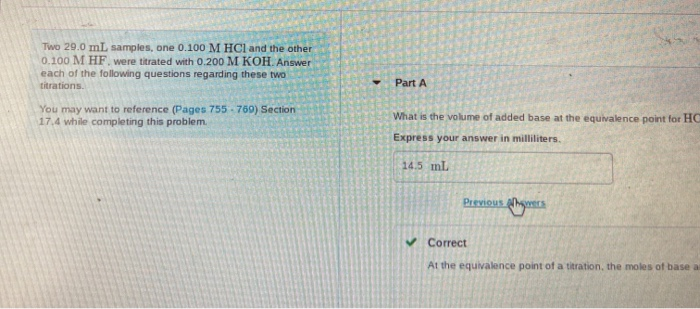 Solved TWO 29.0 mL samples, one 0.100 M HCl and the other | Chegg.com