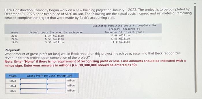 Solved Beck Construction Company began work on a new | Chegg.com