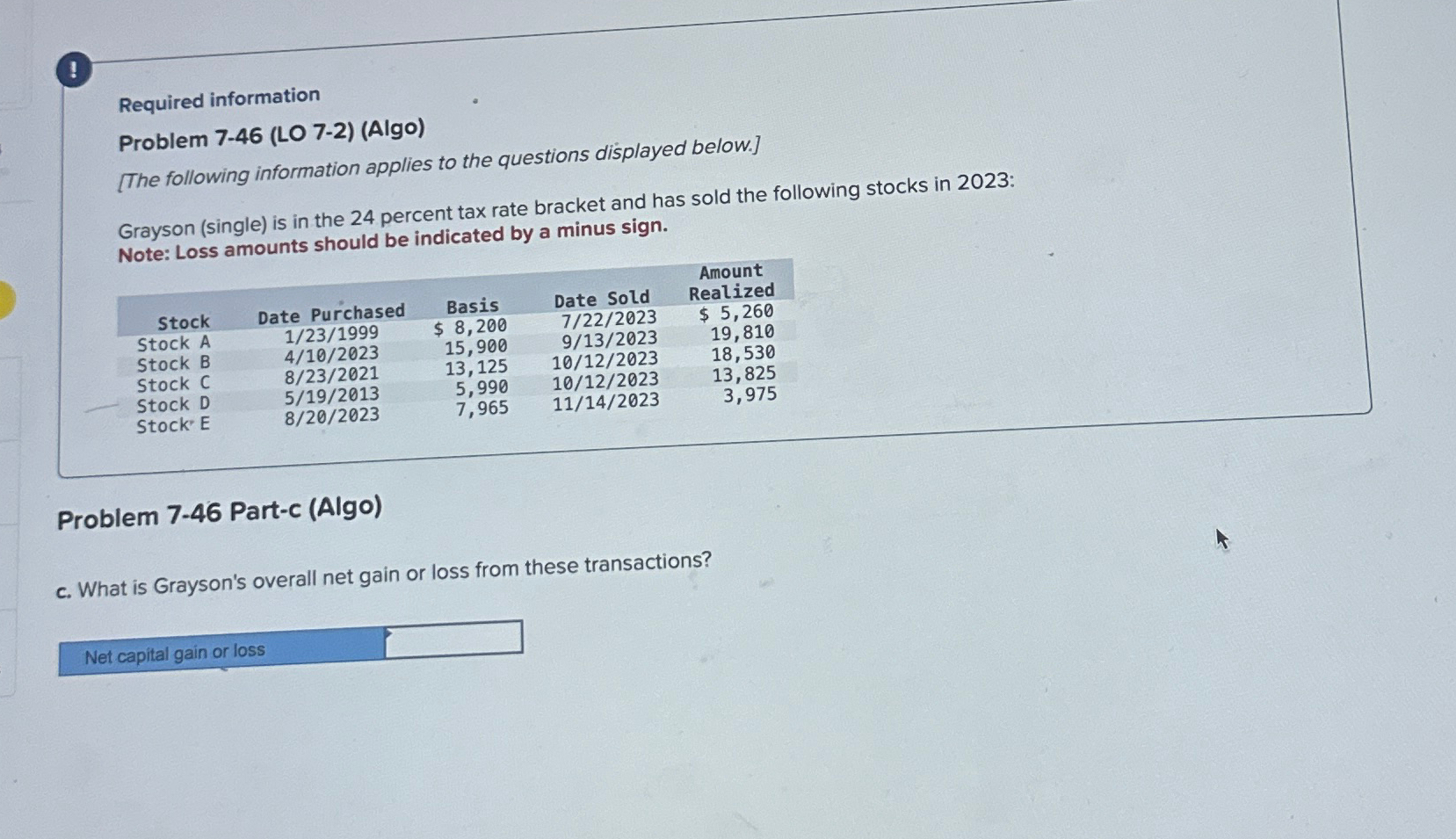 Solved !Required informationProblem 7-46 (LO 7-2) (Algo)[The | Chegg.com