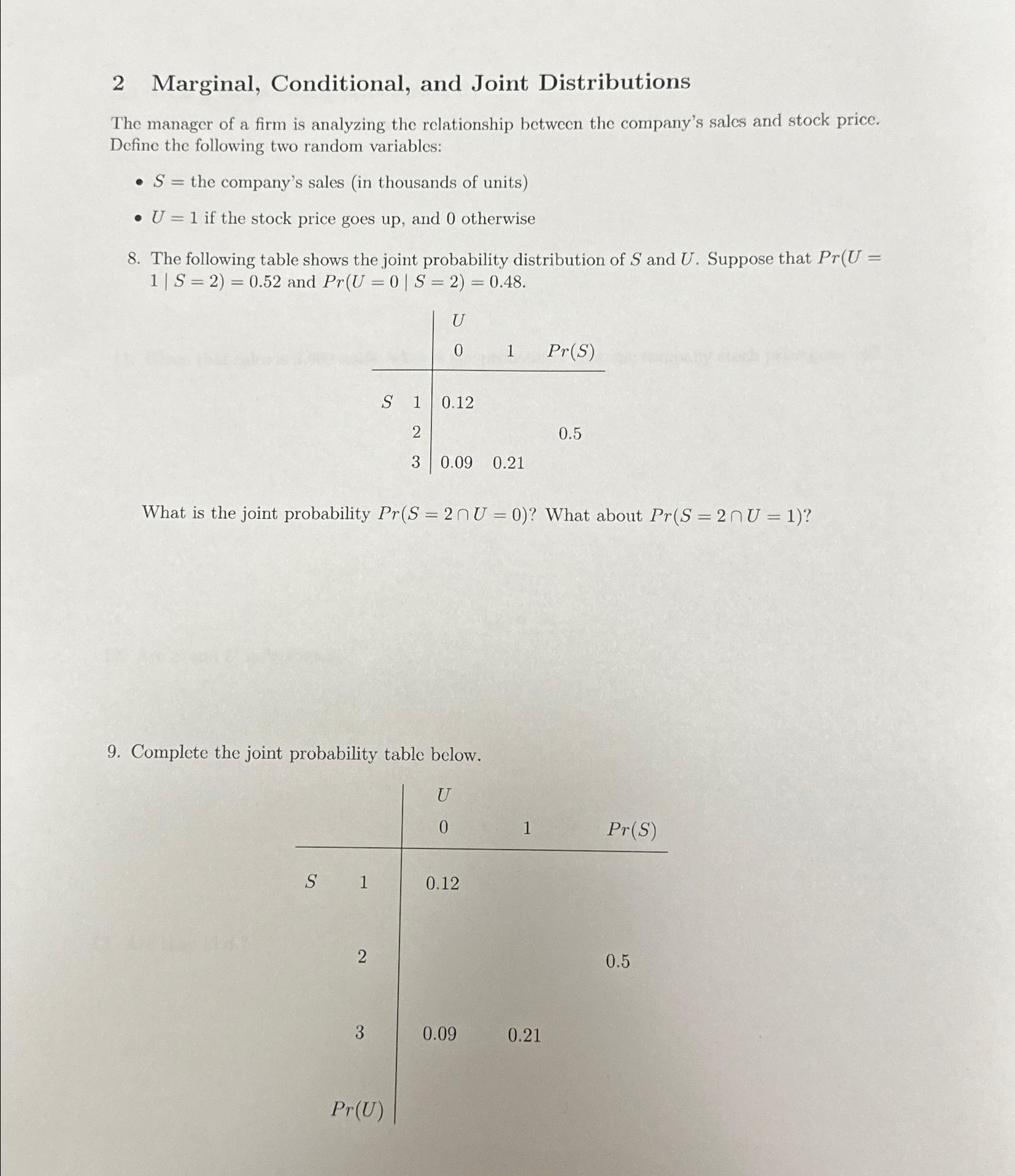 Solved 2 ﻿marginal Conditional And Joint Distributionsthe