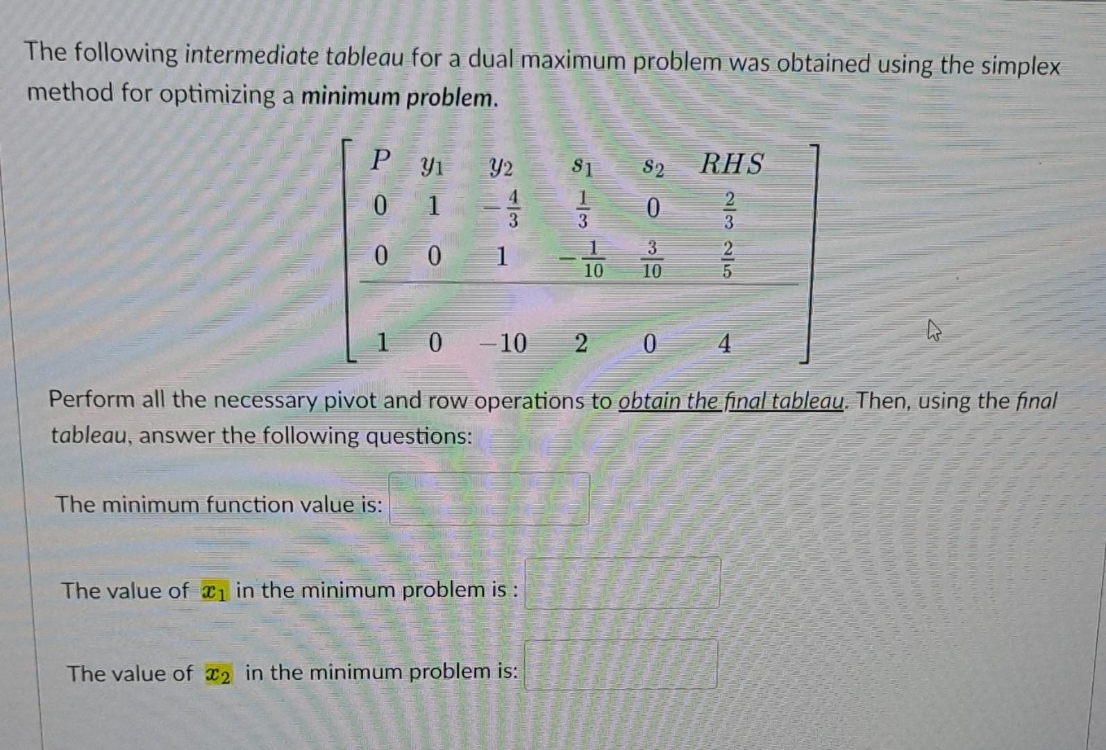 Solved The following intermediate tableau for a dual maximum | Chegg.com