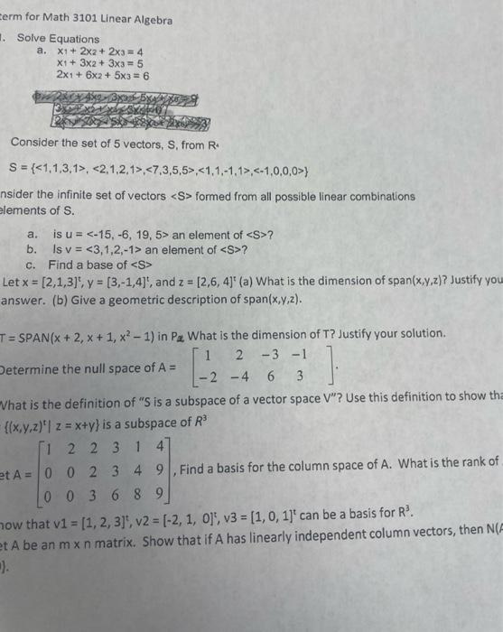Solved Cerm for Math 3101 Linear Algebra 1. Solve Equations | Chegg.com