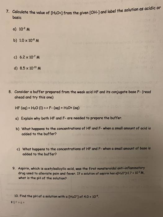 Solved 7. Calculate the value of [H3O+] from the given [OH-] | Chegg.com