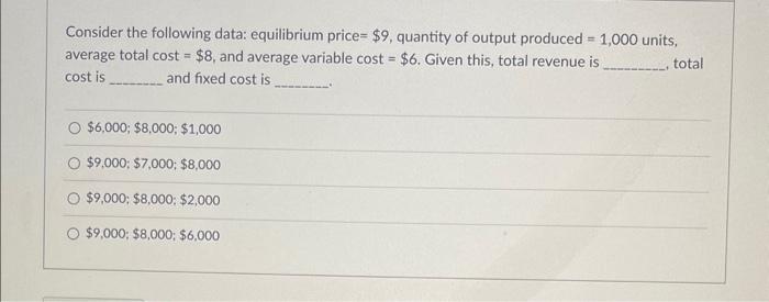 Solved Consider the following data: equilibrium price =$9, | Chegg.com