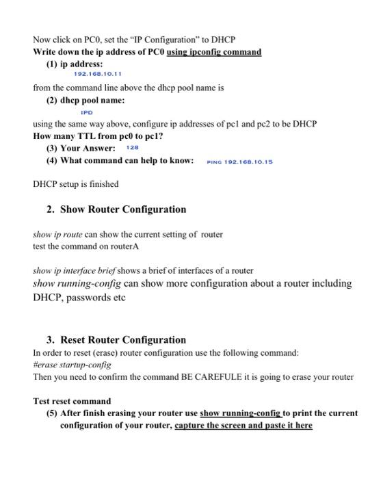 Solved Objective: 1. Configure DHCP router 2. Show router | Chegg.com