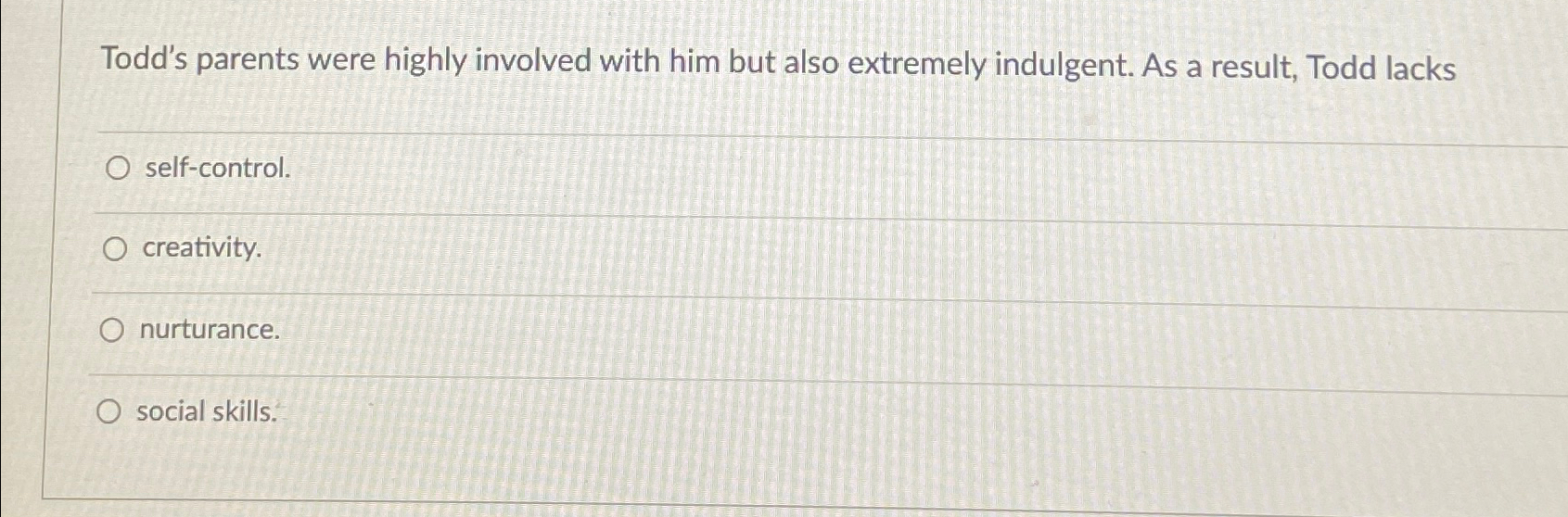 Solved Todd's parents were highly involved with him but also | Chegg.com