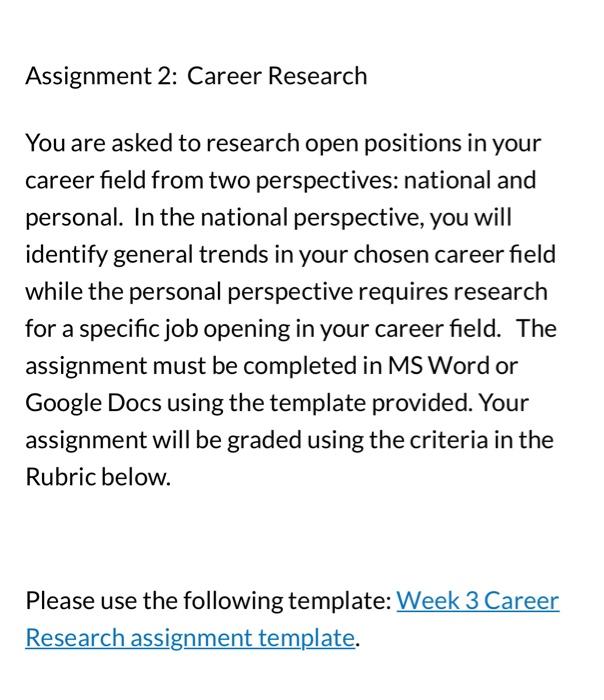 Solved Assignment 2: Career Research You are asked to | Chegg.com