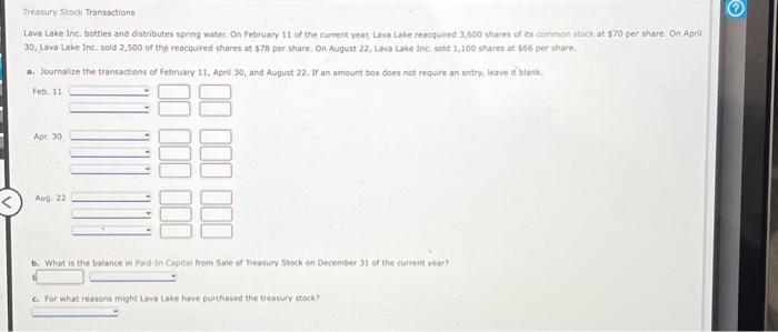 Solved Treasury Stock Transoctions Lava Lake Ine. botties | Chegg.com