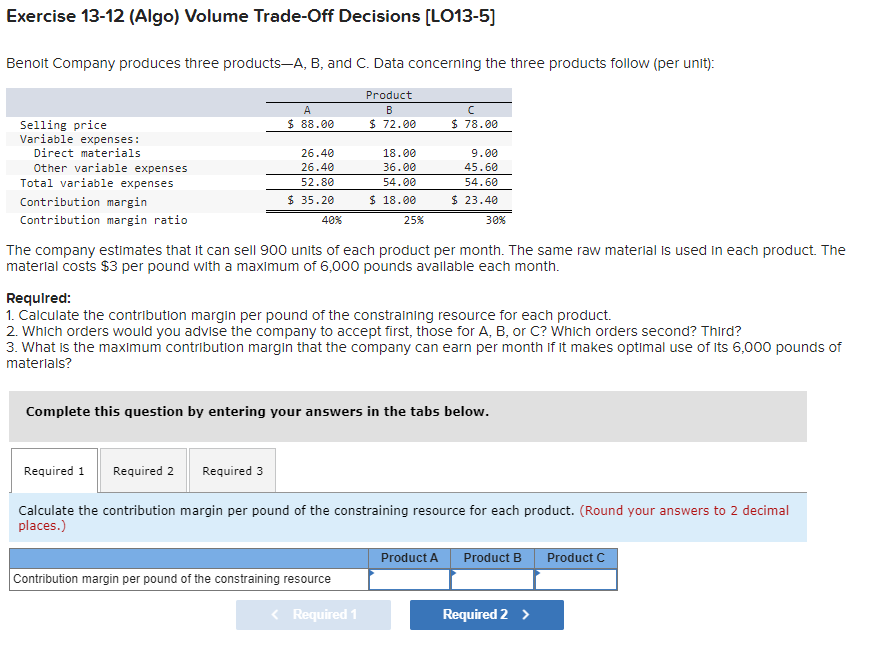 Solved Exercise 13-12 (Algo) ﻿Volume Trade-Off Decisions | Chegg.com