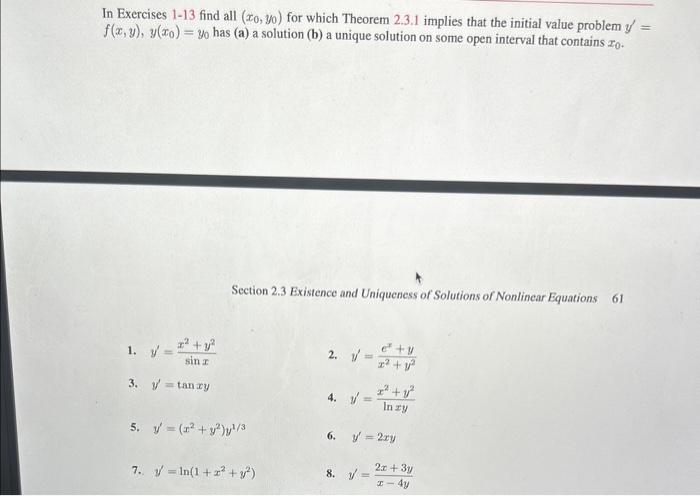 Solved In Exercises 1-13 find all (x0,y0) for which Theorem | Chegg.com