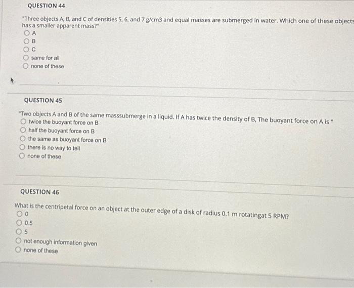 Solved "Three objects A B, and C of densities 5, 6, and 7 | Chegg.com