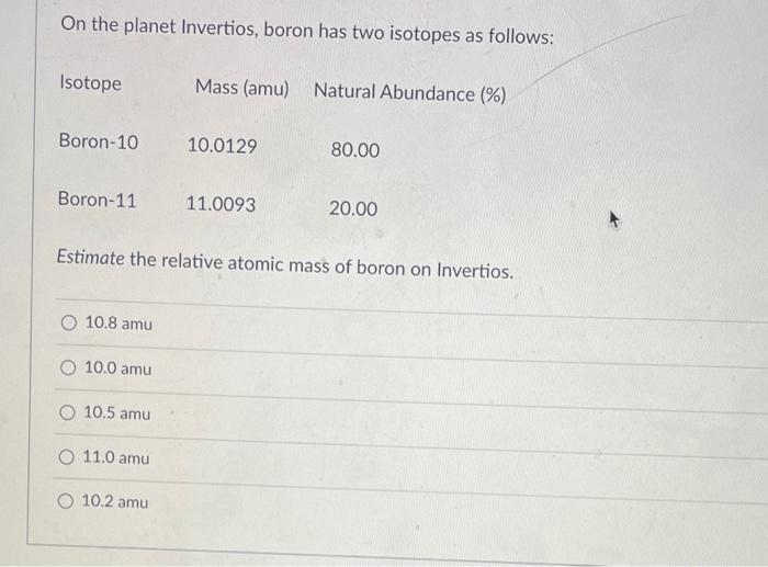 Solved On the planet Invertios, boron has two isotopes as | Chegg.com