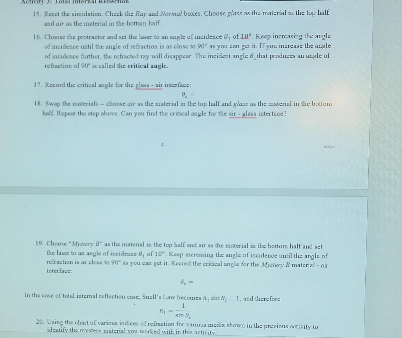 Solved 15. Reset the simulation. Check the Ray and Normal | Chegg.com