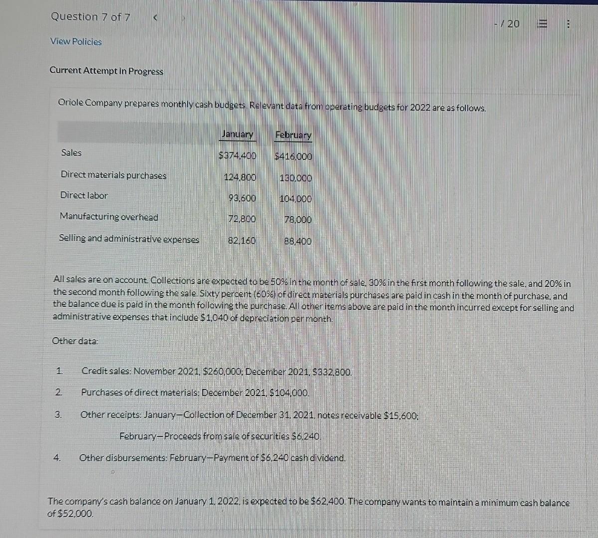 Solved Current Attempt in Progress Oriole Company prepares | Chegg.com