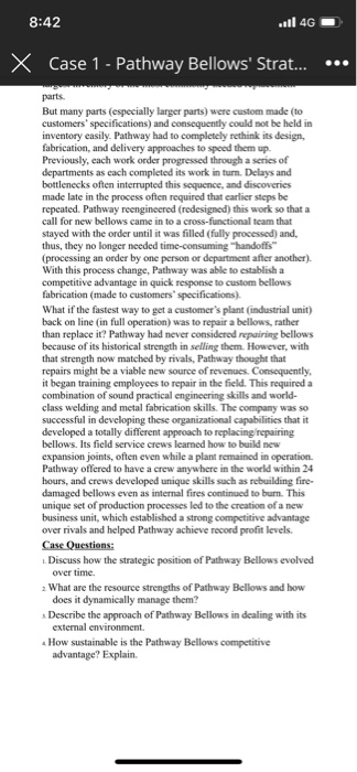 Solved 8:42 .:18 4G X Case 1 - Pathway Bellows' Strat... ... | Chegg.com