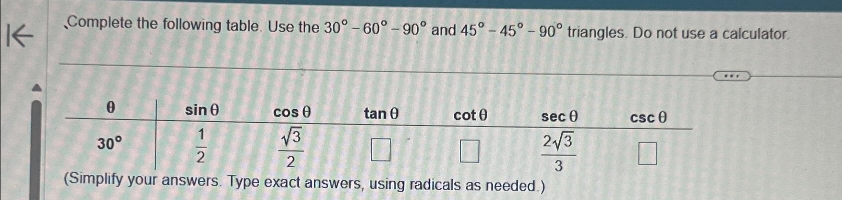 Solved Complete the following table. Use the 30°-60°-90° | Chegg.com