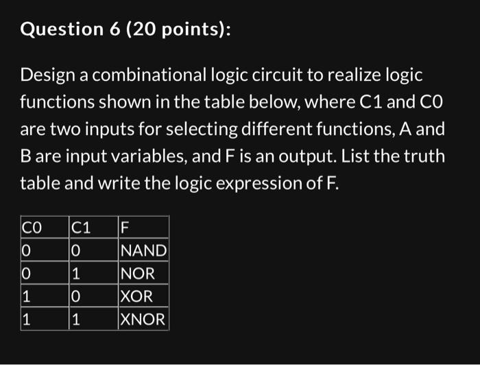 Solved Question 6 (20 points): Design a combinational logic | Chegg.com