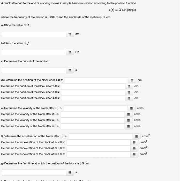 Solved A block attached to the end of a spring moves in | Chegg.com