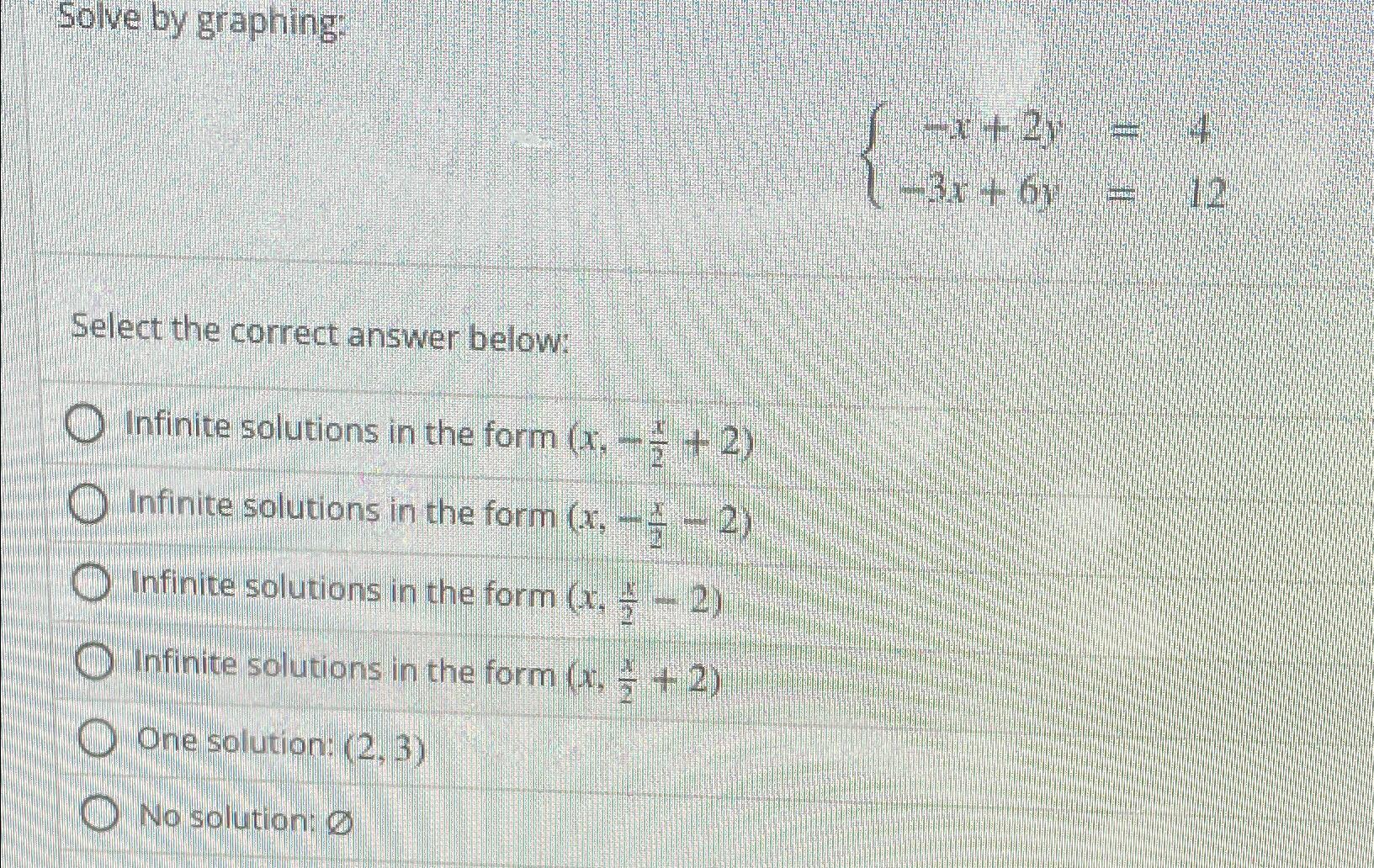 Solved Solve by graphing:-x+2y=4-3x+6y=12Select the correct | Chegg.com
