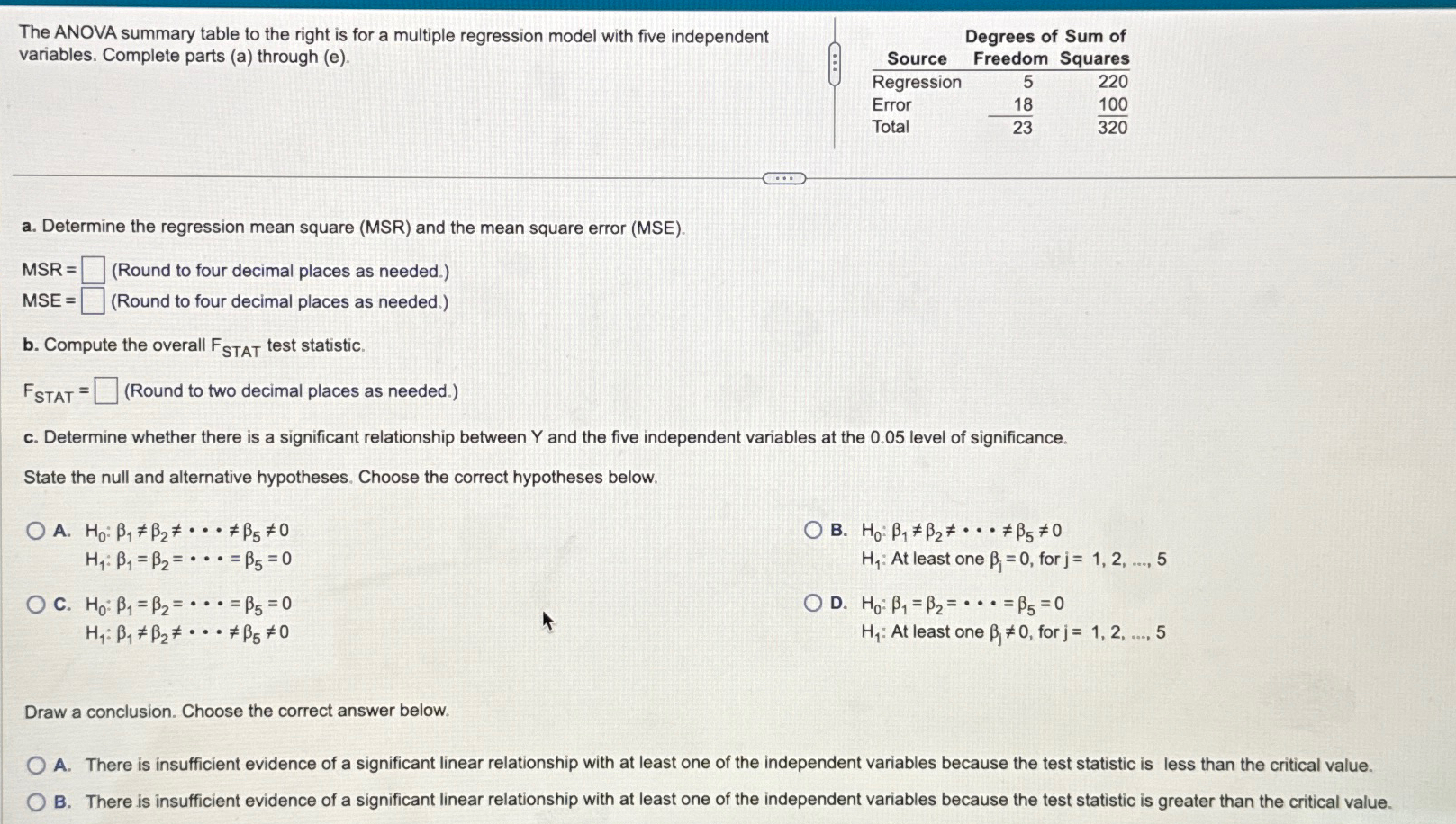 Solved The ANOVA summary table to the right is for a | Chegg.com