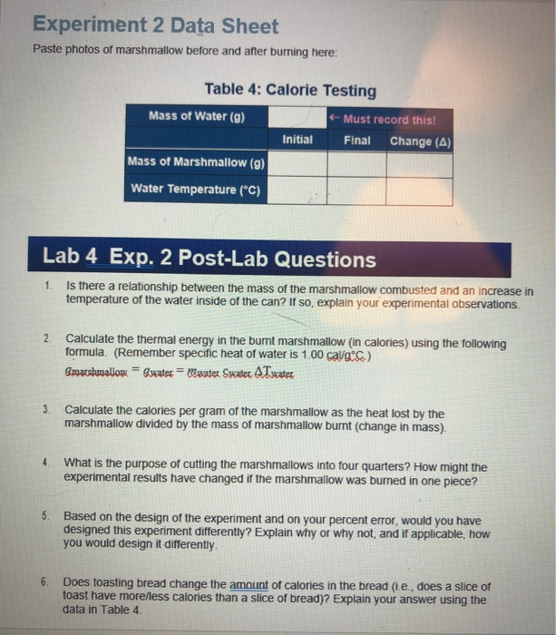 Experiment 2 Data Sheet Paste photos of marshmallow | Chegg.com