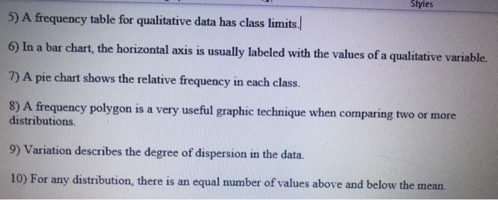 Solved Styles 5) A frequency table for qualitative data has | Chegg.com