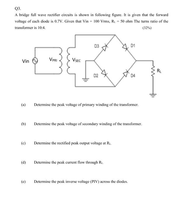 Solved Q3. A bridge full wave rectifier circuits is shown in | Chegg.com
