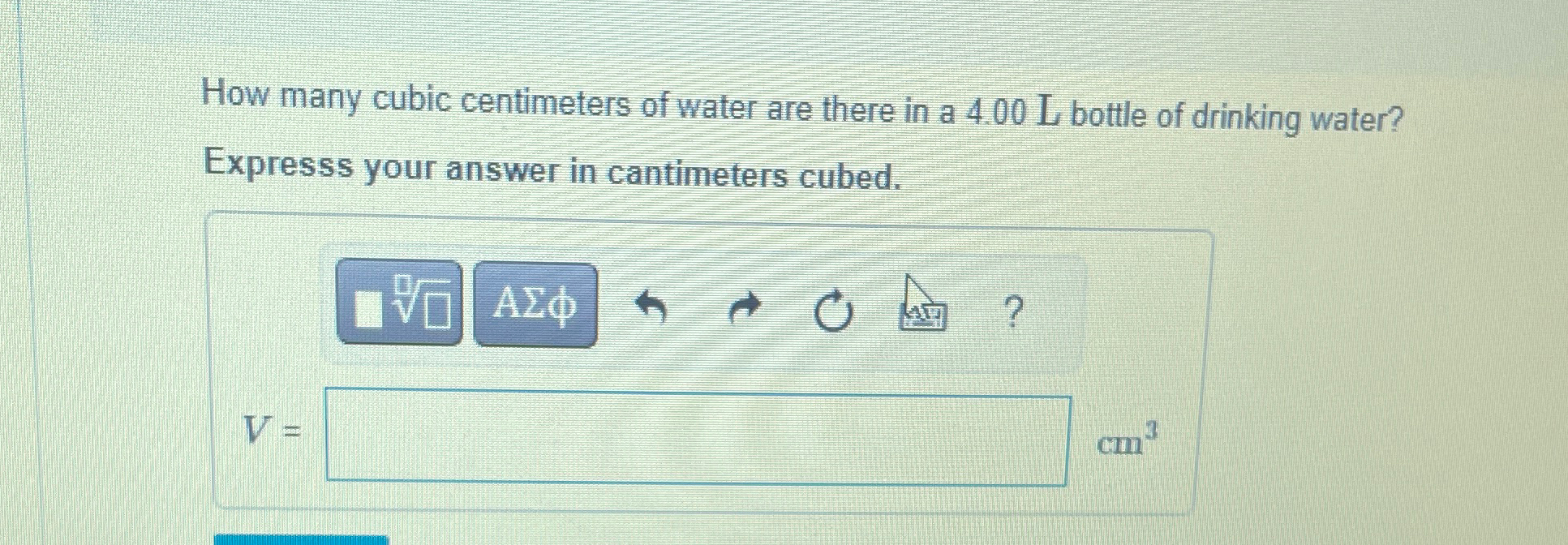 Solved How many cubic centimeters of water are there in a | Chegg.com