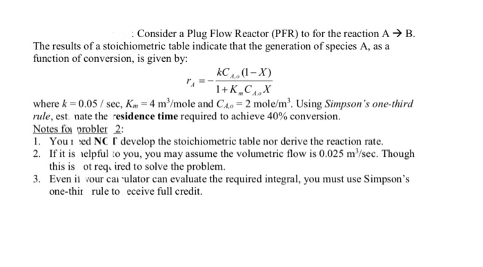 Solved : Consider a Plug Flow Reactor (PFR) to for the | Chegg.com