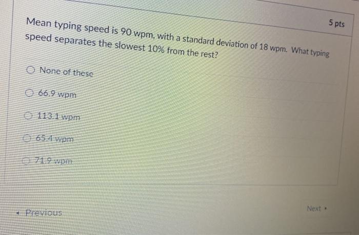 Solved 5 pts Mean typing speed is 90 wpm, with a standard | Chegg.com