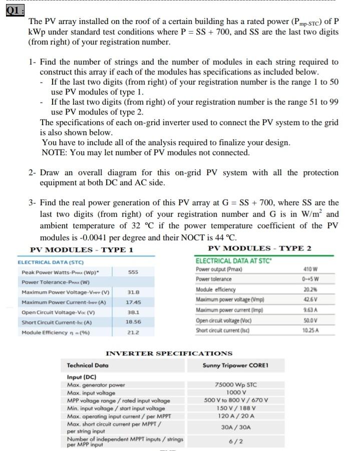 Q1:The PV array installed on the roof of a certain | Chegg.com