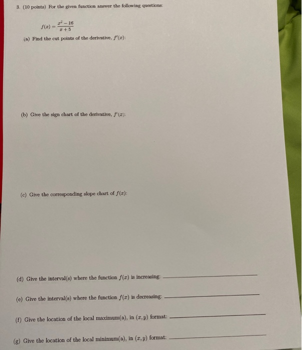 Solved 3. (10 points) For the given function answer the | Chegg.com