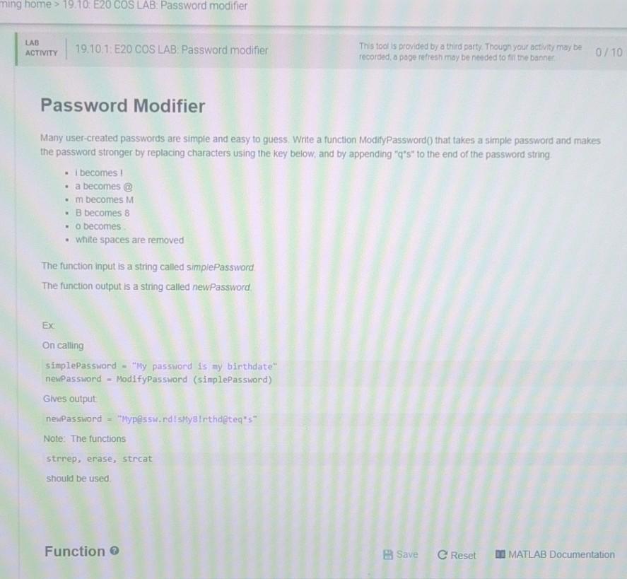 Solved ming home > 19.10. E20 COS LAB: Password modifier LAB | Chegg.com